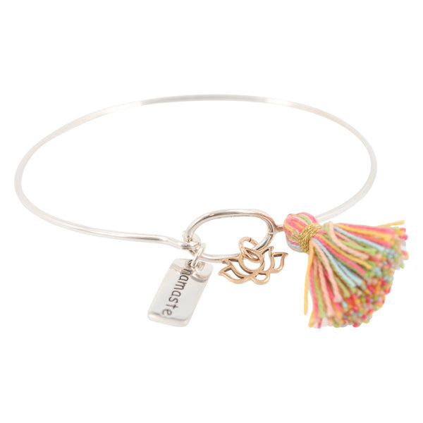 Bangle Bracelet with Namaste, Lotus, & Tassel Charms, #6597-ss - Zoe ...